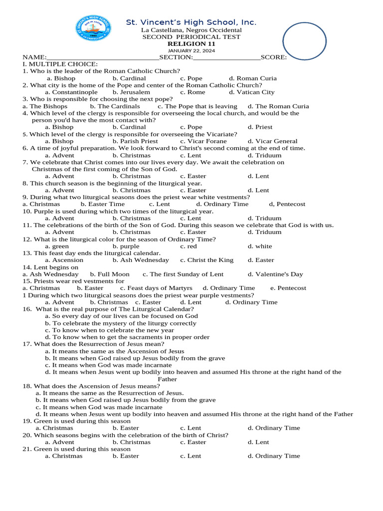 Religion 11 Periodical Test Guide | PDF | Liturgical Year | Easter