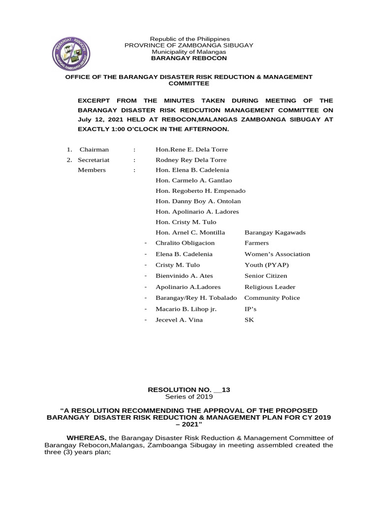 RESOLUTION NO. 3 Recommending For Approval BDRRM Plan | PDF | Emergency ...