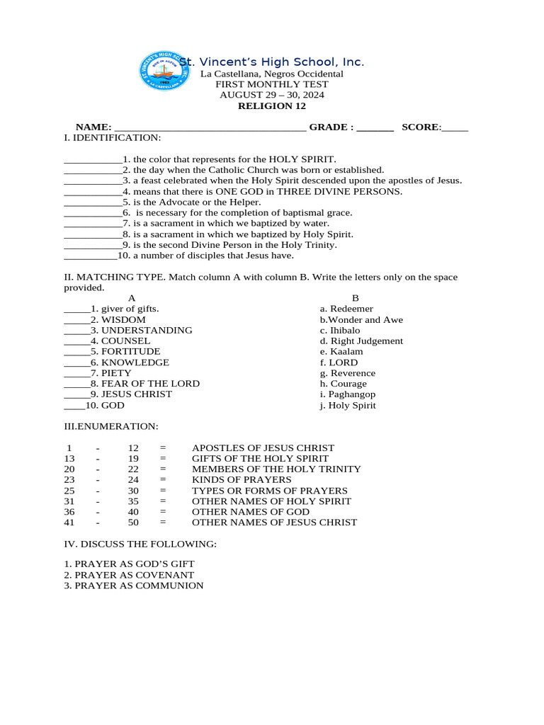 Religion 12 Monthly Test Guide | PDF