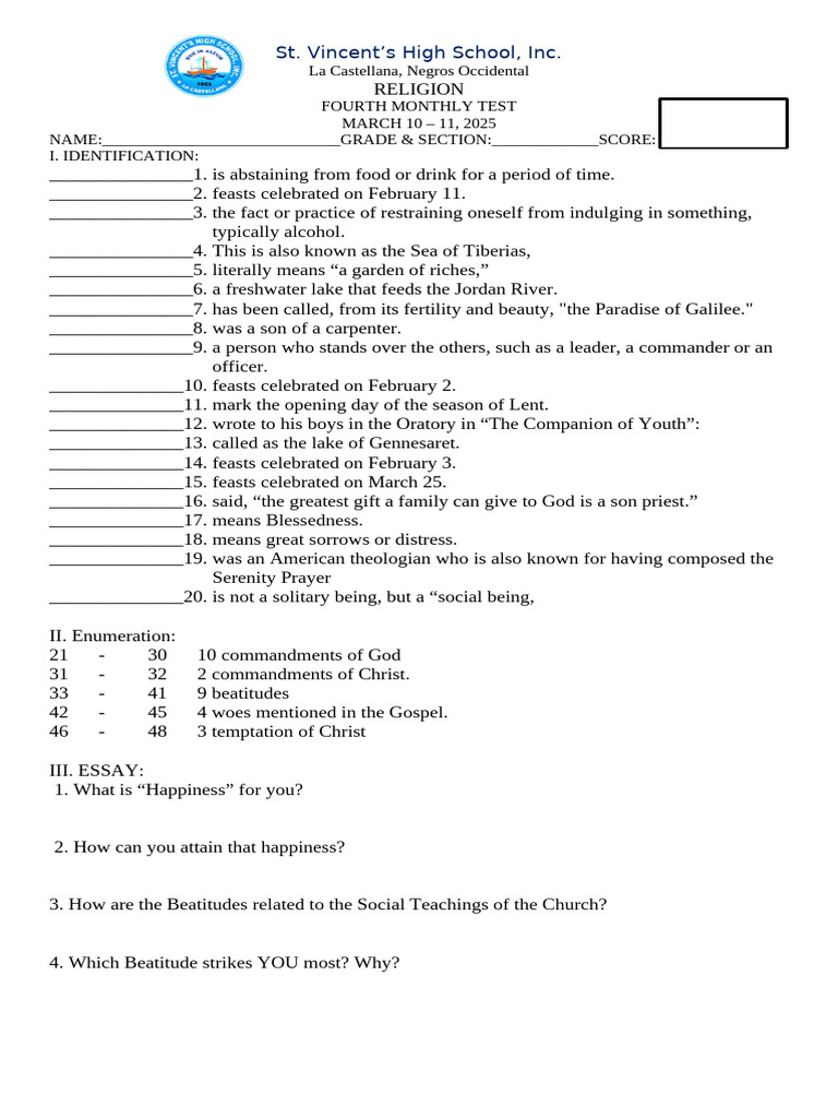 Religion 4TH Monthly Test 2025 | PDF