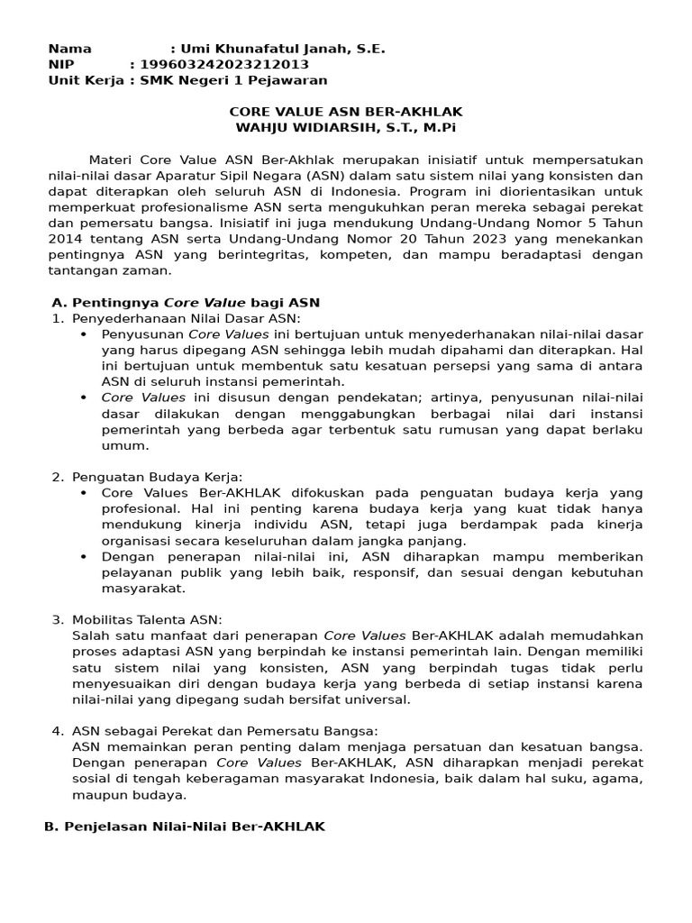 1 - Tugas Resume Core Value ASN Ber-AKHLAK | PDF