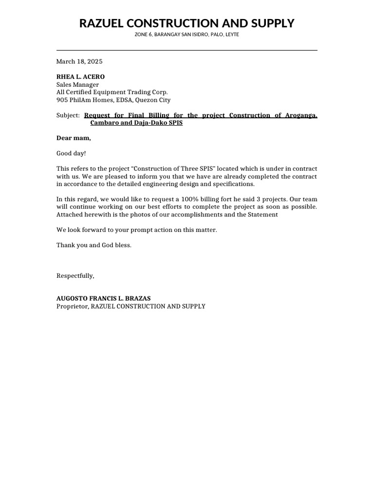 Request-for-Final Billing-Aroganga | PDF