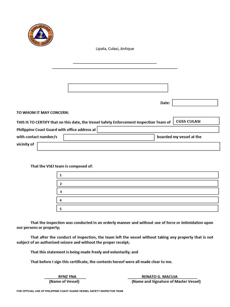 Certificate of Orderly Inspection - COI | PDF