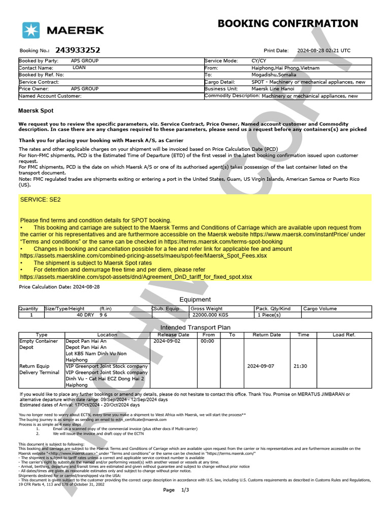 Maersk Booking Confirmation 243933252 | PDF | Office Of Foreign Assets ...