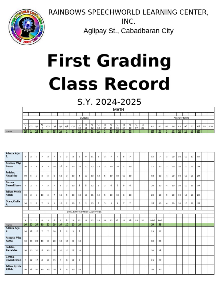Grade 2 First Grading Class Record | PDF
