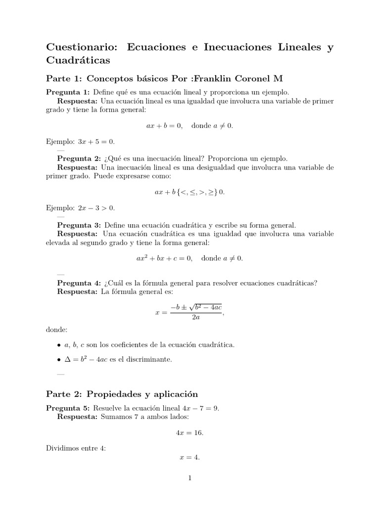 Cuestionario Ecuaciones Inecuaciones | PDF | Ecuaciones | Ecuación cuadrática