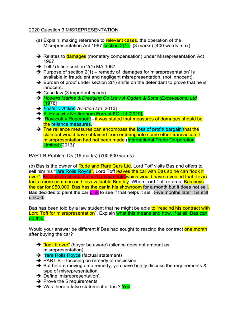 2020 Question 3 MISREPRESENTATION ANSWER SCHEME | PDF | Misrepresentation | Justice