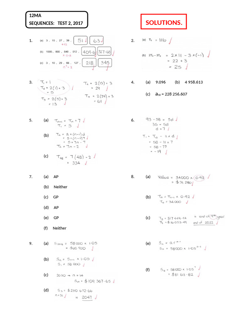 12ma - Test 2, 2017 (Abridged) (Solutions) | PDF