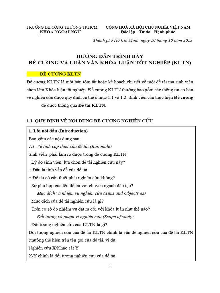 HUONG DAN TRINH BAY DE CUONG VA LUAN VAN KHOA LUAN 2024 | PDF