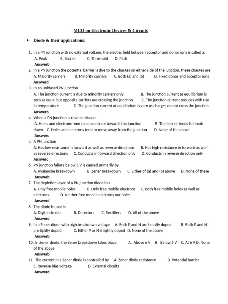 MCQ on Electronic Devices & Circuits | PDF | P–N Junction | Field ...