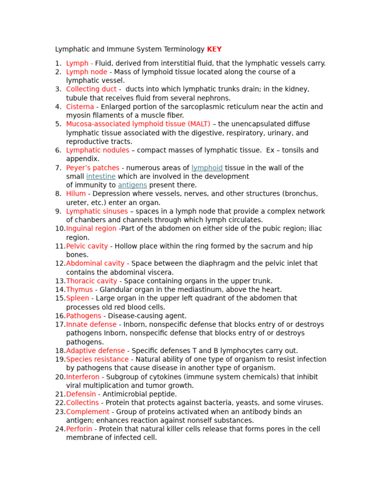 Lympatic and Immune System Terms KEY | PDF | Immune System | Lymphatic ...