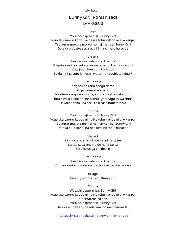 Akasakis Bunny Girl Lyrics Romanized Pdf