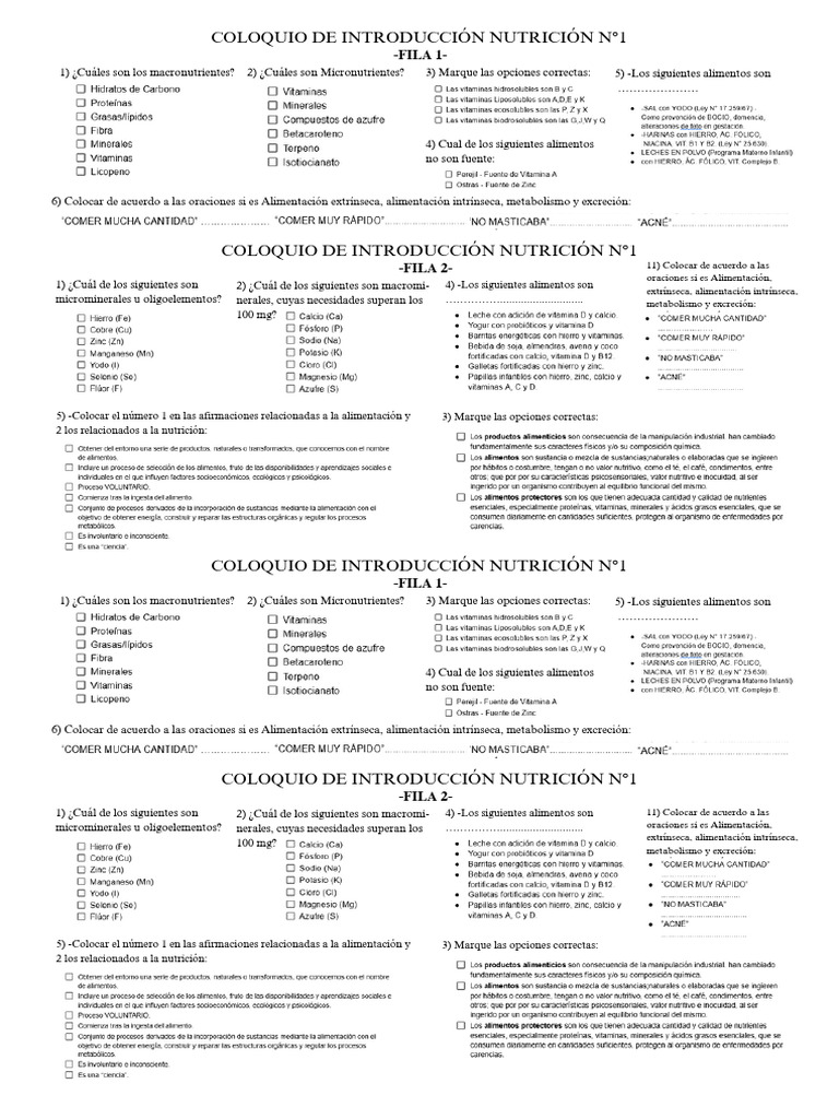 Coloquio N°1 de Introducción A La Nutrición - Fila 1 y Fila 2 | PDF | Nutrición | Dieta y nutrición