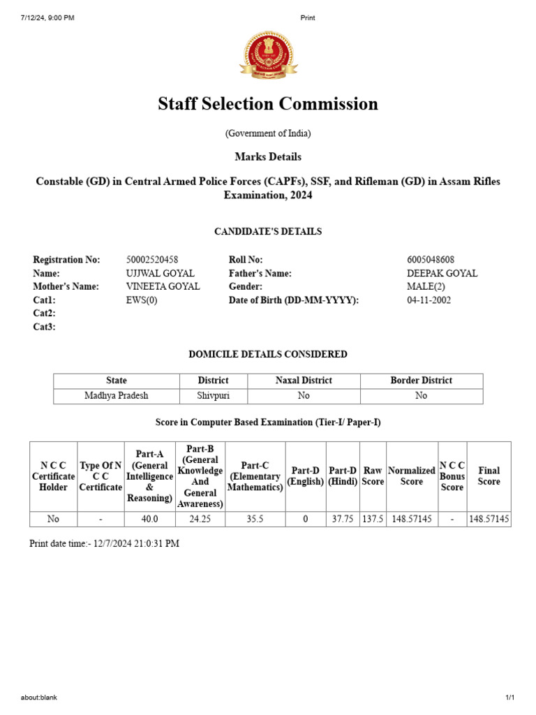 SSC GD Scorecard | PDF