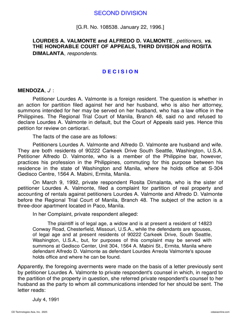 Valmonte vs. Dimalanta: Summons Service Case | PDF | Lawsuit | In Rem ...
