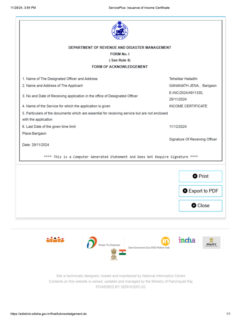 Income Certificate Acknowledgment Form | PDF