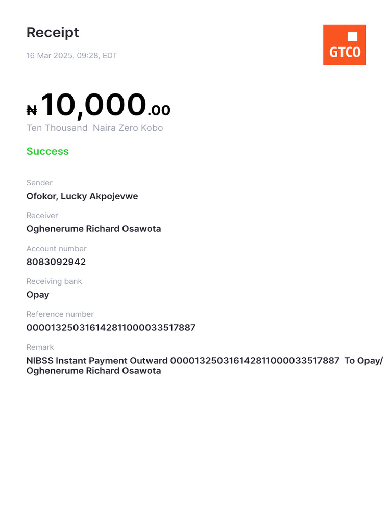 Successful Payment Receipt - ₦10,000 Transfer | PDF