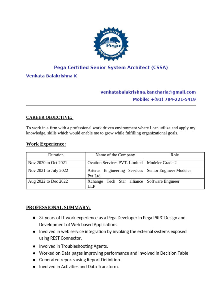 Pega CSSA Resume of Venkata Balakrishna | PDF | Software Development ...