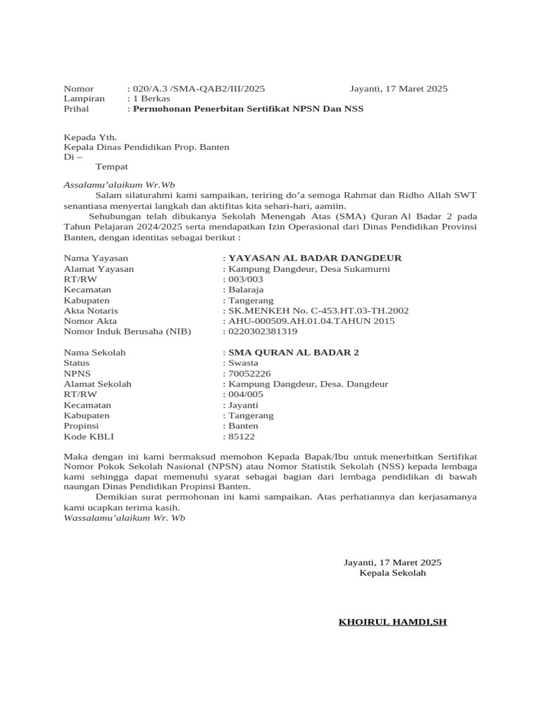 Permohonan Sertifikat NPSN SMA Al Badar 2 | PDF
