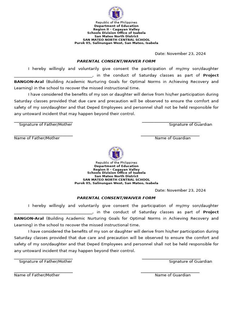 Aral Program Parental Consent Form | PDF | Social Institutions