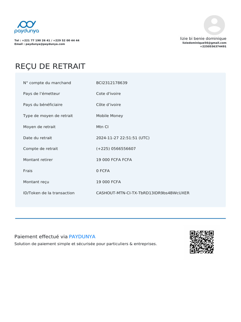 Reçu de retrait Mobile Money MTN CI | PDF