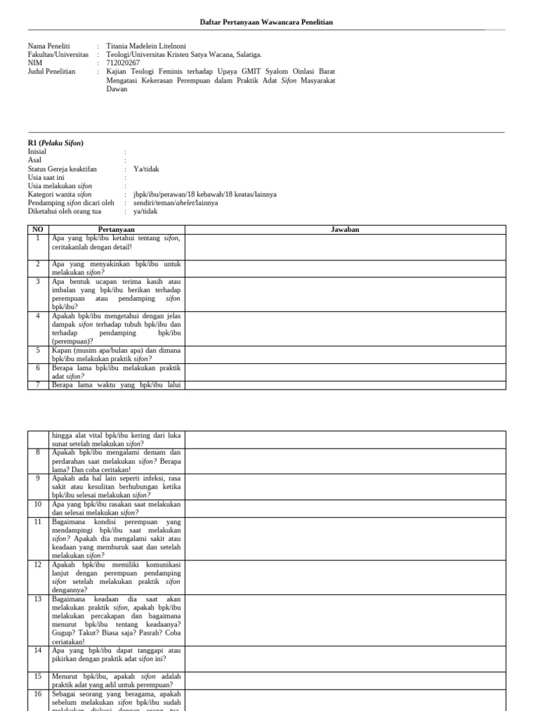 Pertanyaan Wawancara Sifon Feminis | PDF