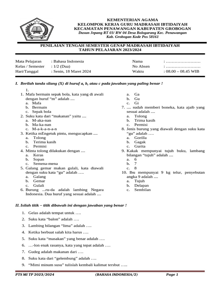 1. SOAL PTS B.INDO SEM 2 KLS 1 | PDF