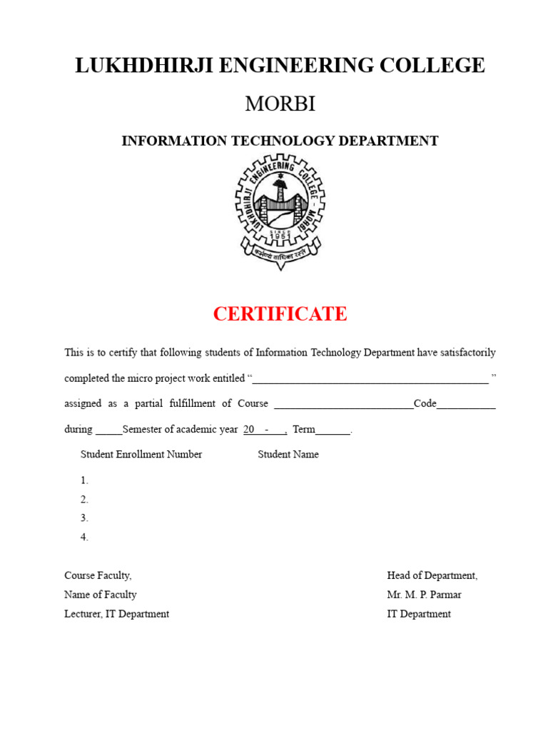 Project and Micro Project Certificate Format | PDF