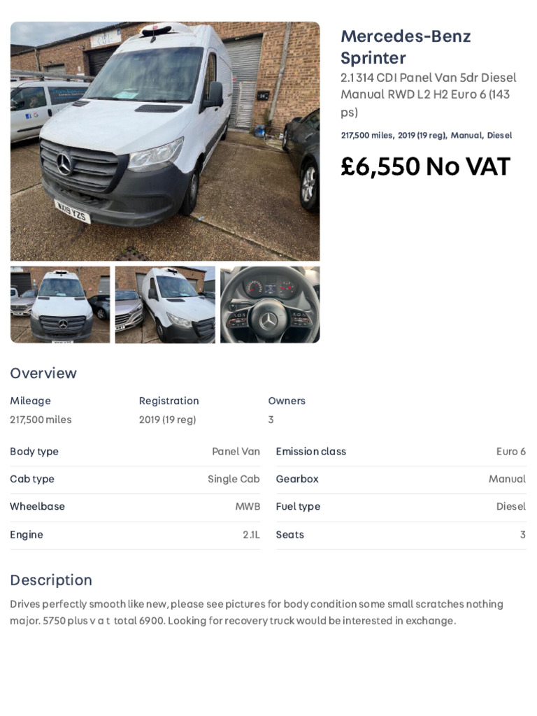 2019 White Mercedes-Benz Sprinter 2.1 314 CDI Panel Van 5dr Diesel ...