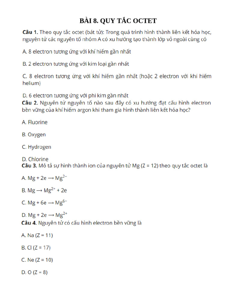 (TN) Bài 8. Quy tắc Octet | PDF