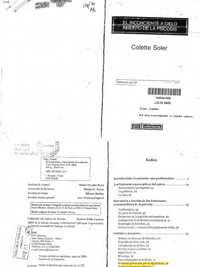 Colette Soler - El Inconciente A Cielo Abierto de La Psicosis - Text ...
