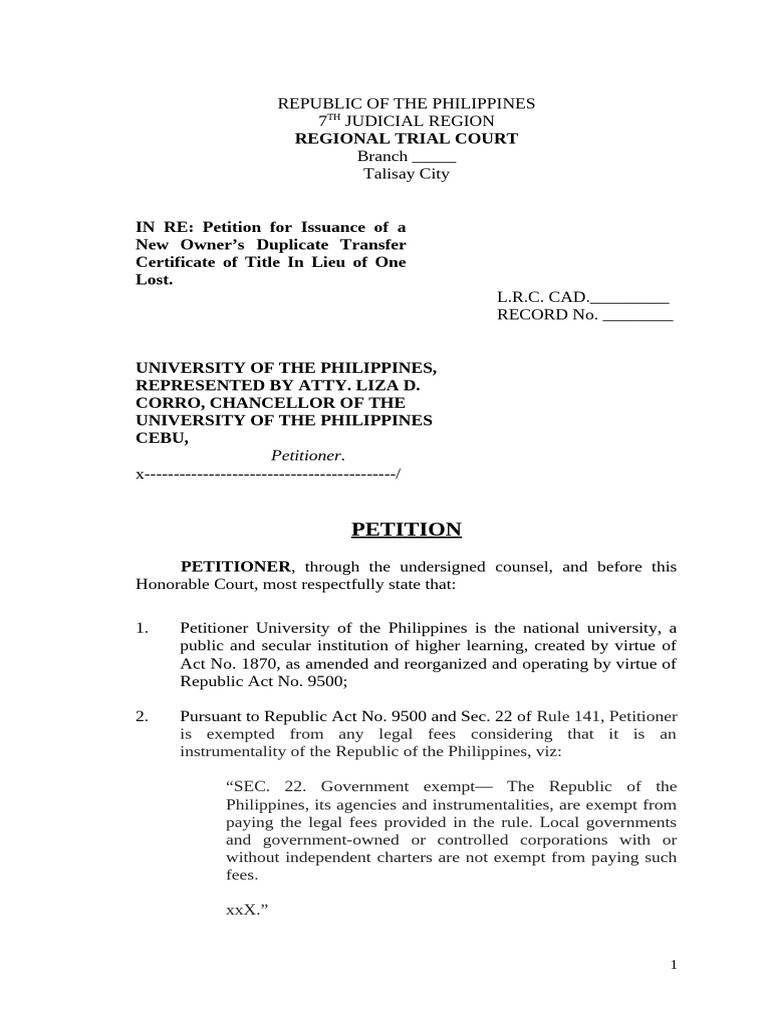 Petition For Issuance of Owner's Duplicate TCT | PDF | Land Lot | Affidavit