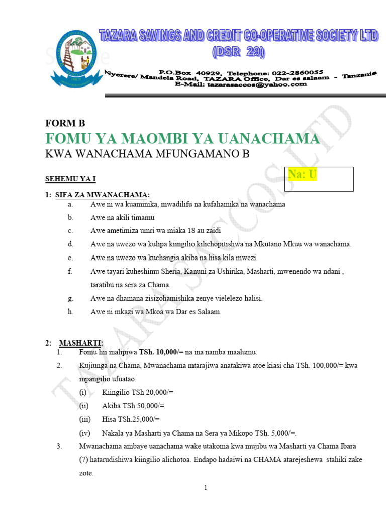 Fomu Maombi Ya Uanachama Mfu B | PDF