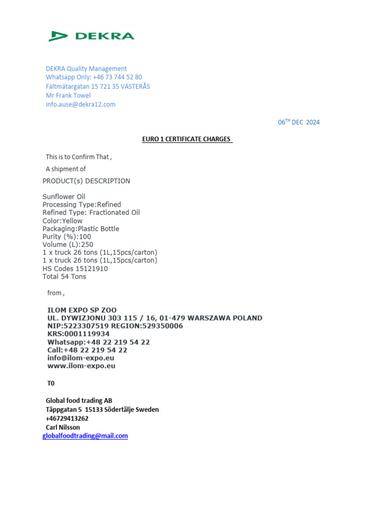 Euro 1 Certificate With Charges-1 | PDF