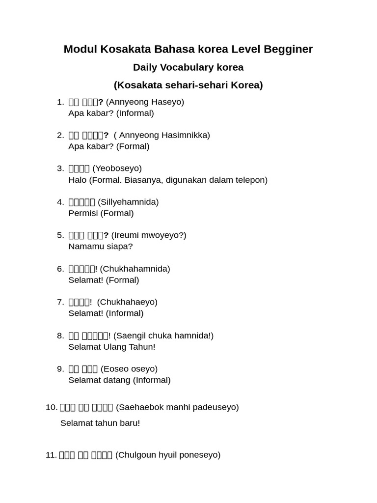 Modul Kosakata Bahasa Korea Level Begginer | PDF