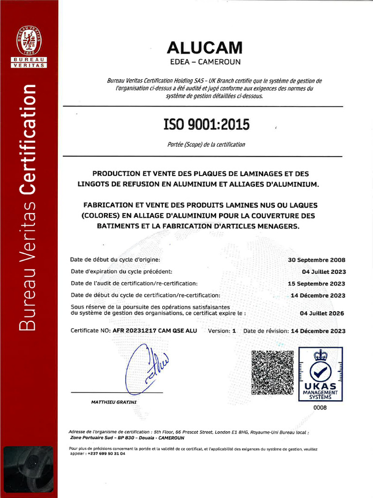 Certificat QSE ALUCAM 2023 - 2026 | PDF