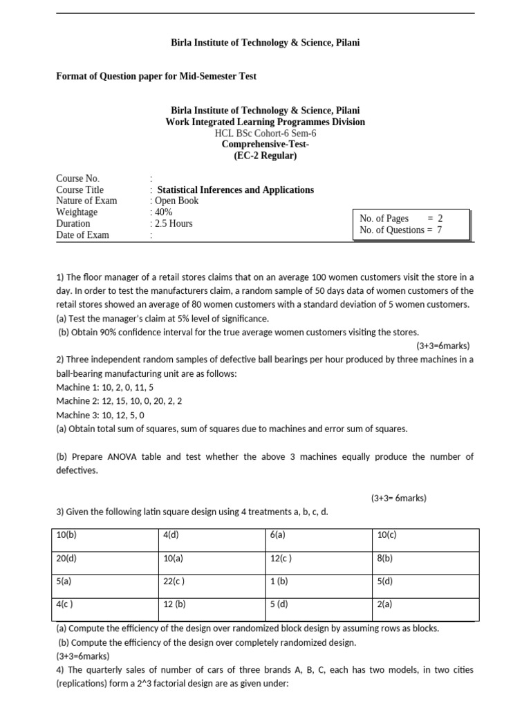 4546469_47273_statistical Inferences and Applications-comprehensive Exam Qp-cohort 6 | PDF ...
