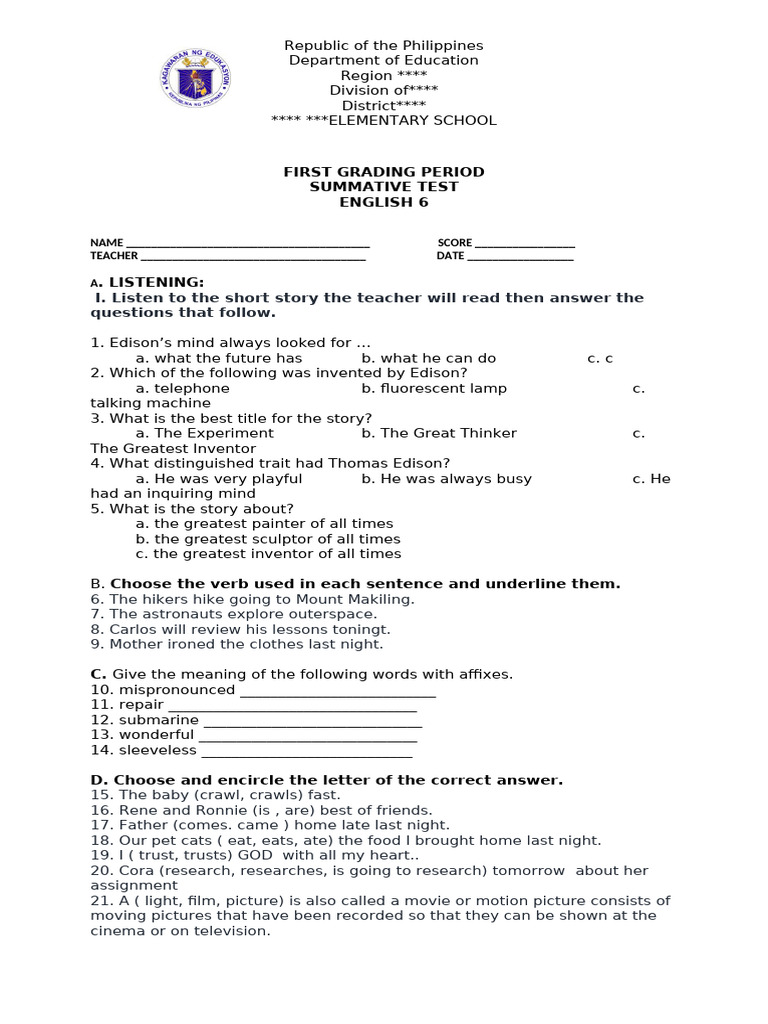 English 6 Summative Test Guide | PDF