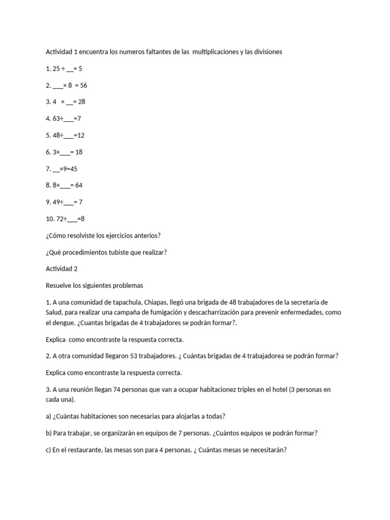 Actividad 1 Encuentra Los Numeros Faltantes de Las | PDF