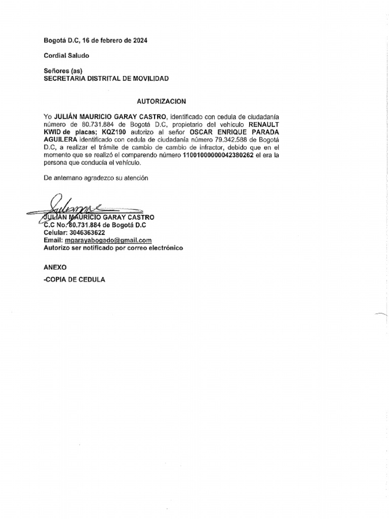Autorización Cambio de Infractor Comparendo 11001000000042380262 | PDF