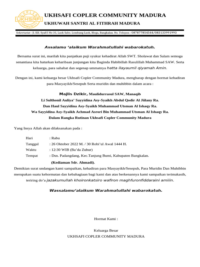 Undangan Majlis Dzikir Ukhsafi Madura | PDF