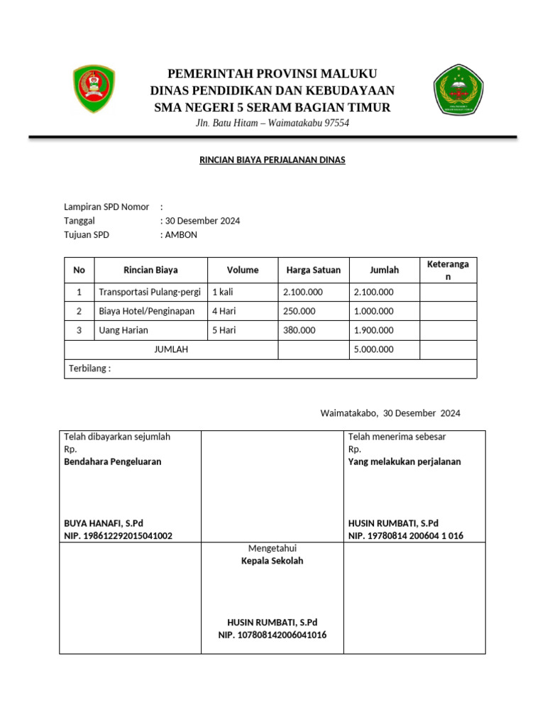 Rincian Biaya Perjalanan Dinas 2024 | PDF