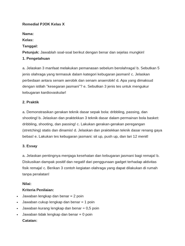 Remedial PJOK Kelas X | PDF