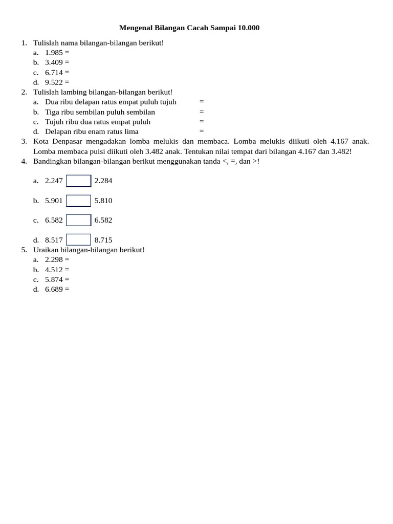 Latihan Soal Bilangan Cacah Sampai 10.000 Siswa Kelas 4 SD | PDF