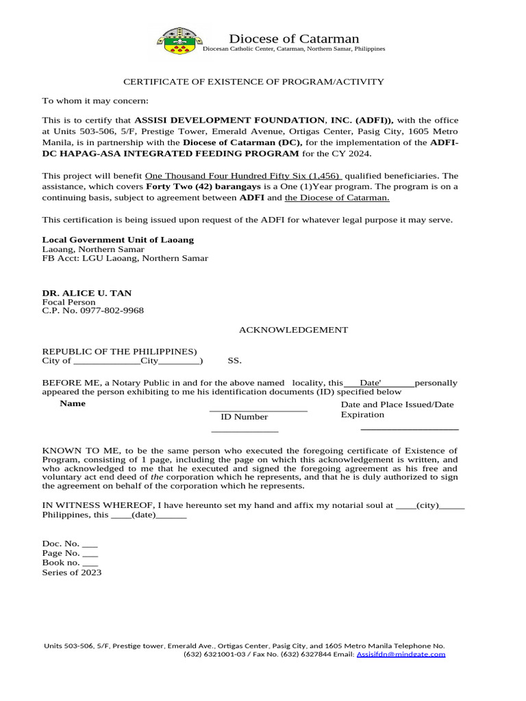 Certificate of Project Existence Template-Diocese of Cataman | PDF ...