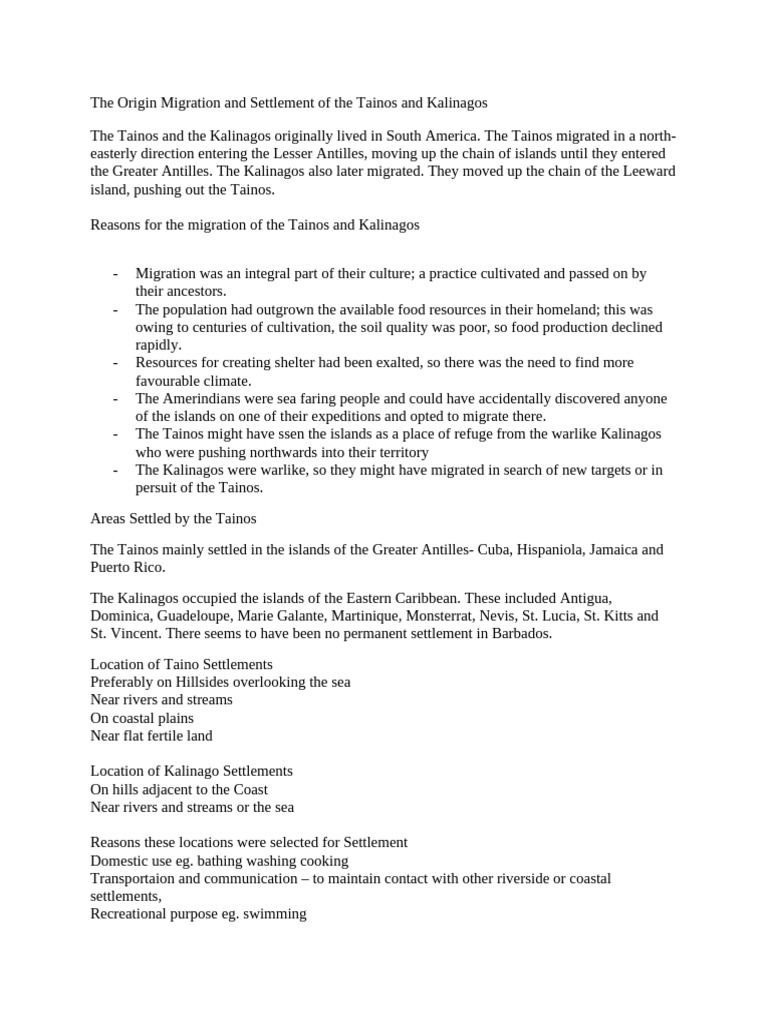 The Origin Migration and Settlement of The Tainos and Kalinagos | PDF