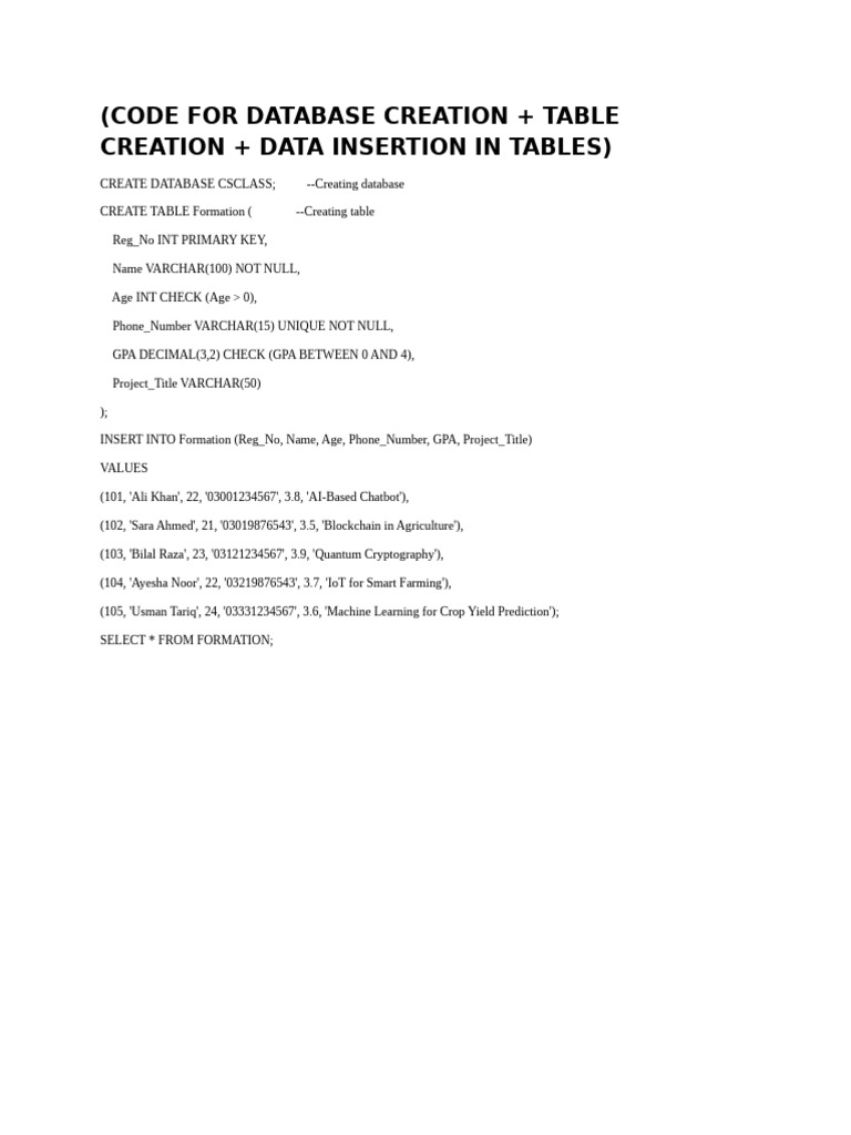 Code for Database and Table Creation | PDF