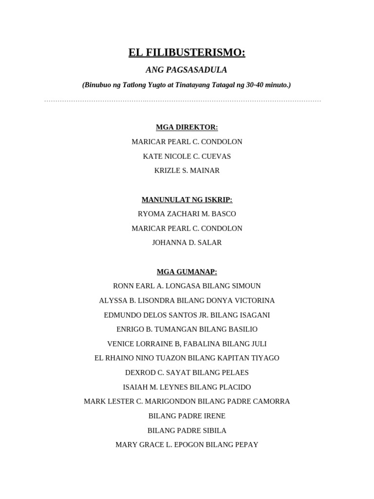 Ang Iskrip NG Dula para Sa El Filibusterismo | PDF