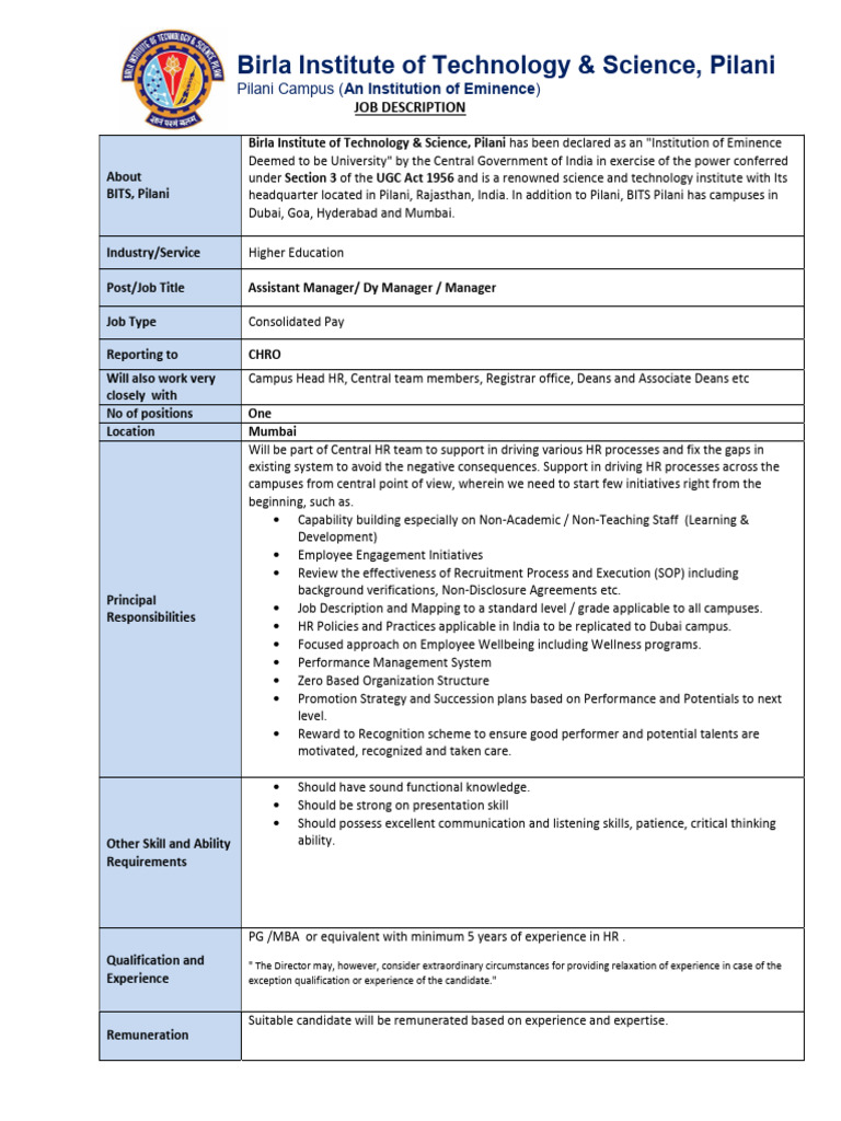 JD HR Central Position 12 07 2024 | PDF | Cognition | Business