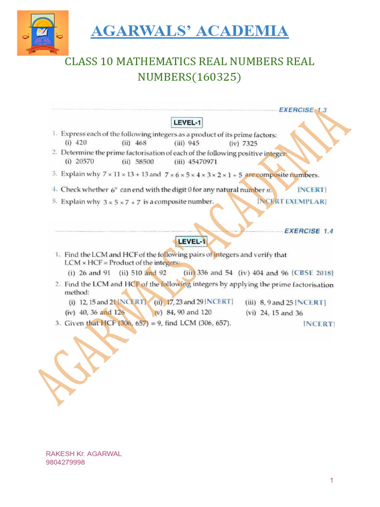 Class 10 Mathematics: Real Numbers Guide | PDF